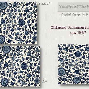 3-size Antique Floral Chinoiserie. Digital Decorative Paper. Vintage ...