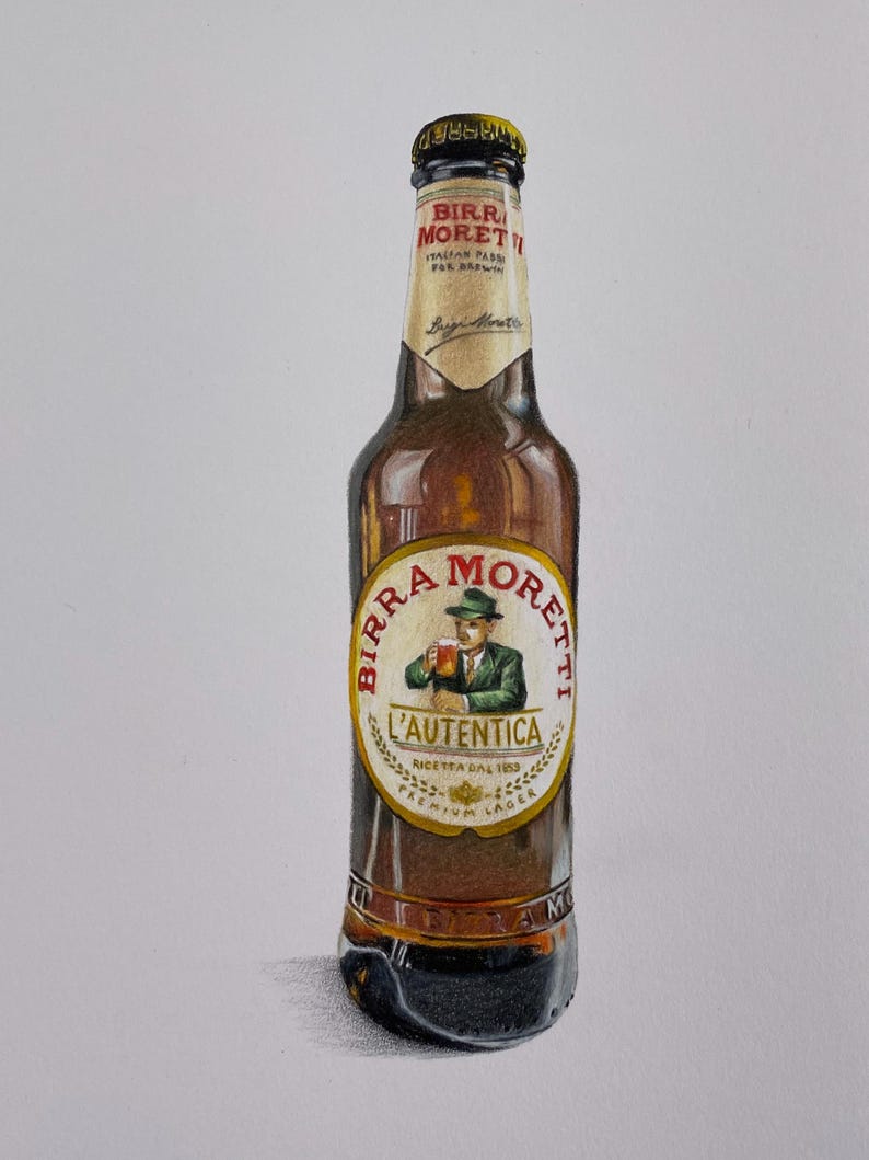 Original Birra Moretti Beer Bottle Drawing, Realistic Coloured Pencils ...