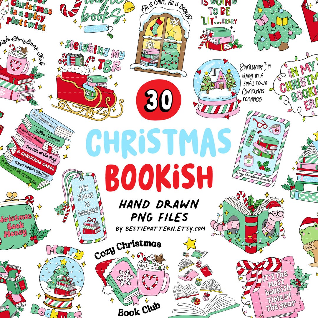 Christmas Bookish PNG Bundle 2025 Cute Holiday Retro Book Clipart ...