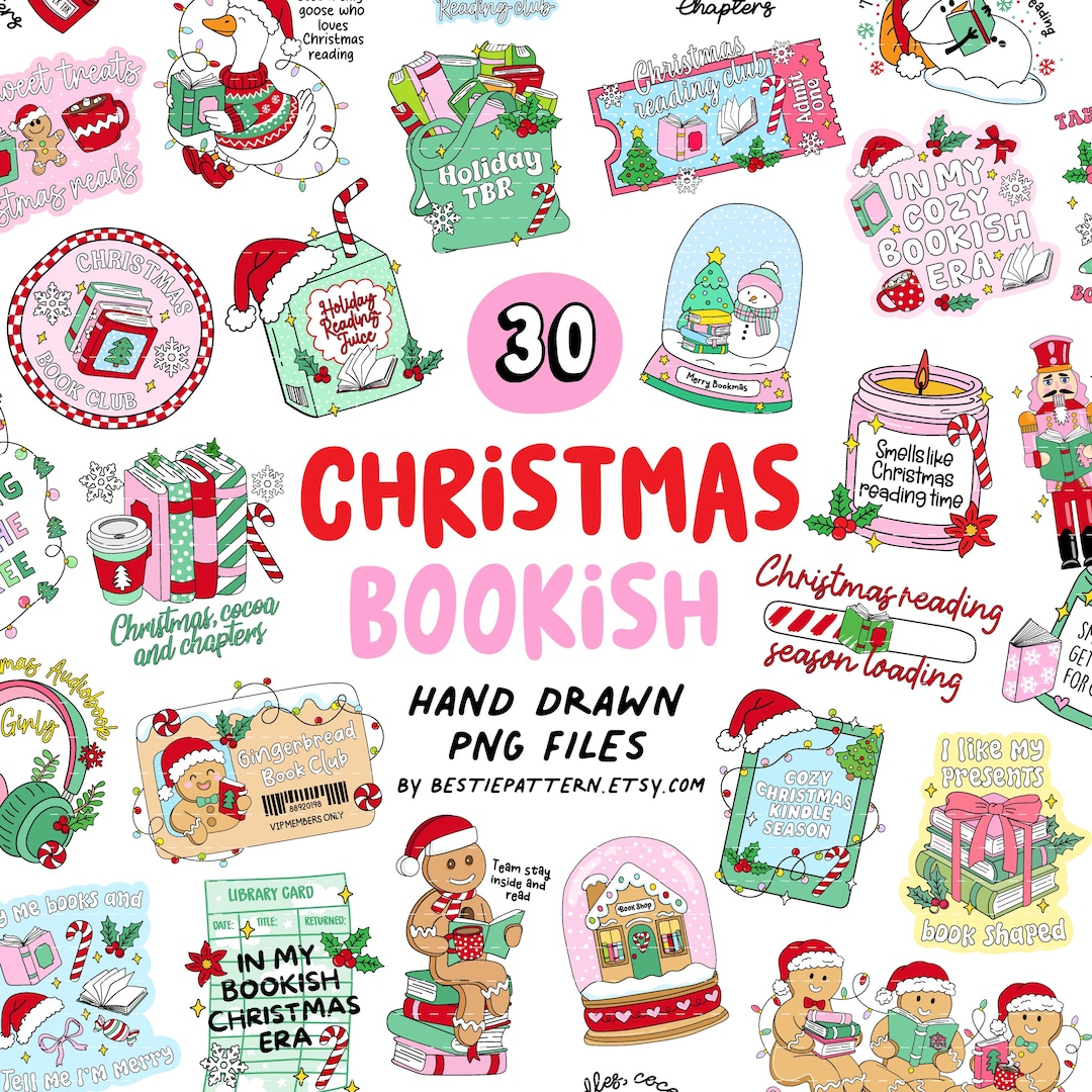 Bookish Christmas PNG Bundle 2025 Cute Holiday Retro Book Clipart ...