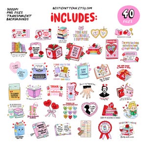 Valentine Bookish PNG Bundle Valentines Day Book Lover Sublimation ...