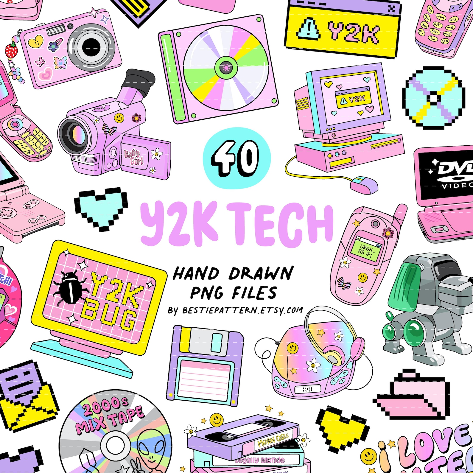 Y2K Bundle Clipart PNG Sublimation Designs 2000s Millennium Flip Phone ...
