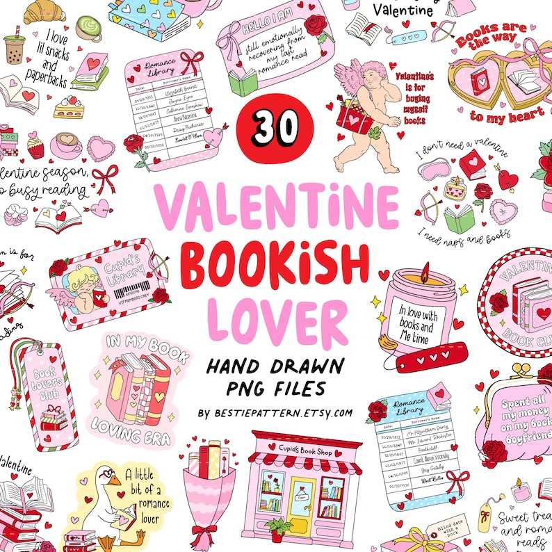 Bookish Valentine PNG Bundle, Valentines Day Puns Clipart for Stickers ...