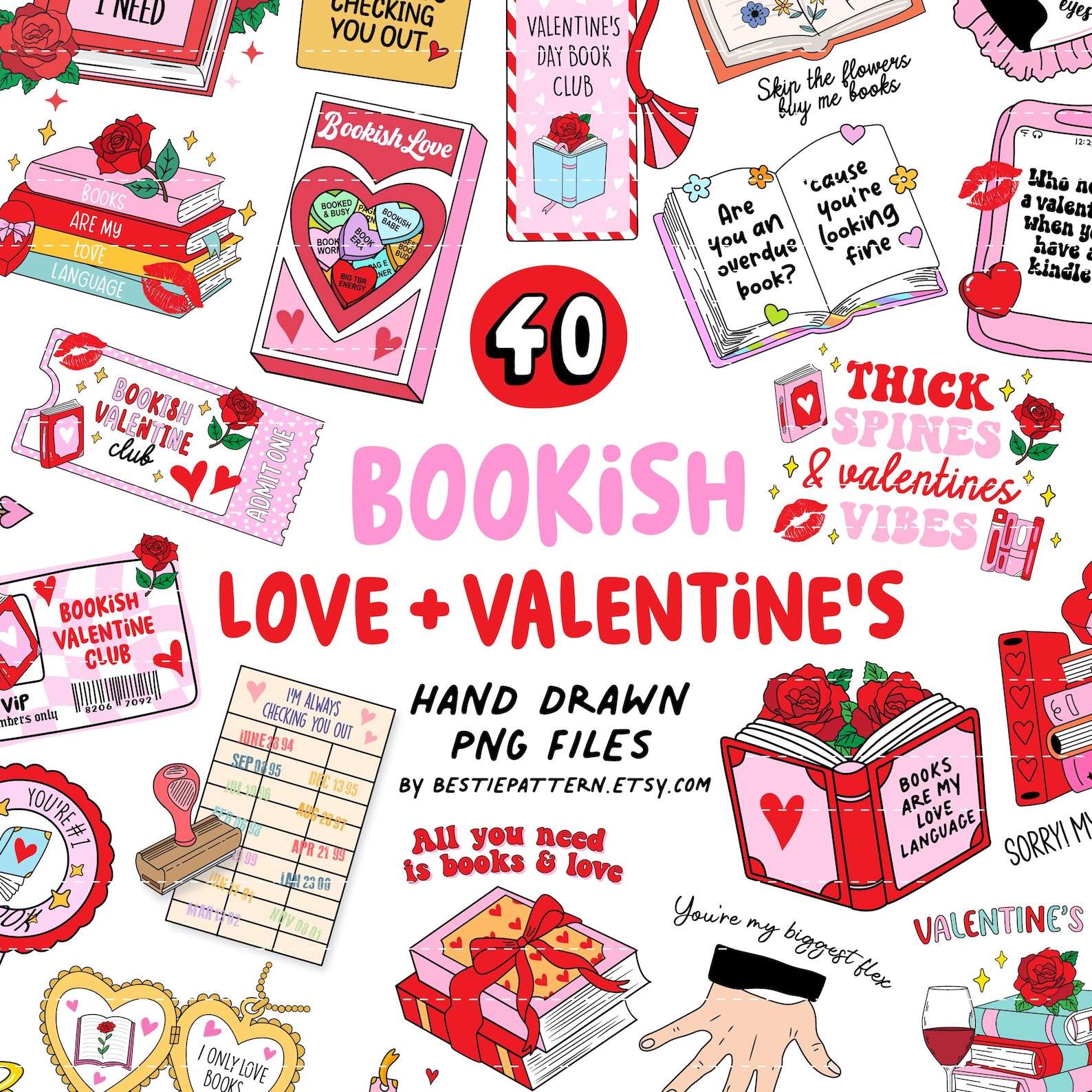 Valentine Bookish PNG Bundle Valentines Day Book Lover Sublimation ...