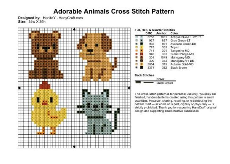 Adorable Animals Cross Stitch Pattern – Tiny Cat Dog Chick Bear Motifs ...