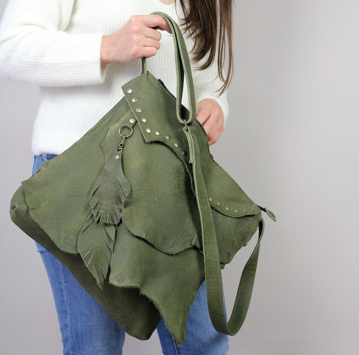 Bohemian Large Handmade Bag Unique Large Rustic Bag Green Handbag Large ...