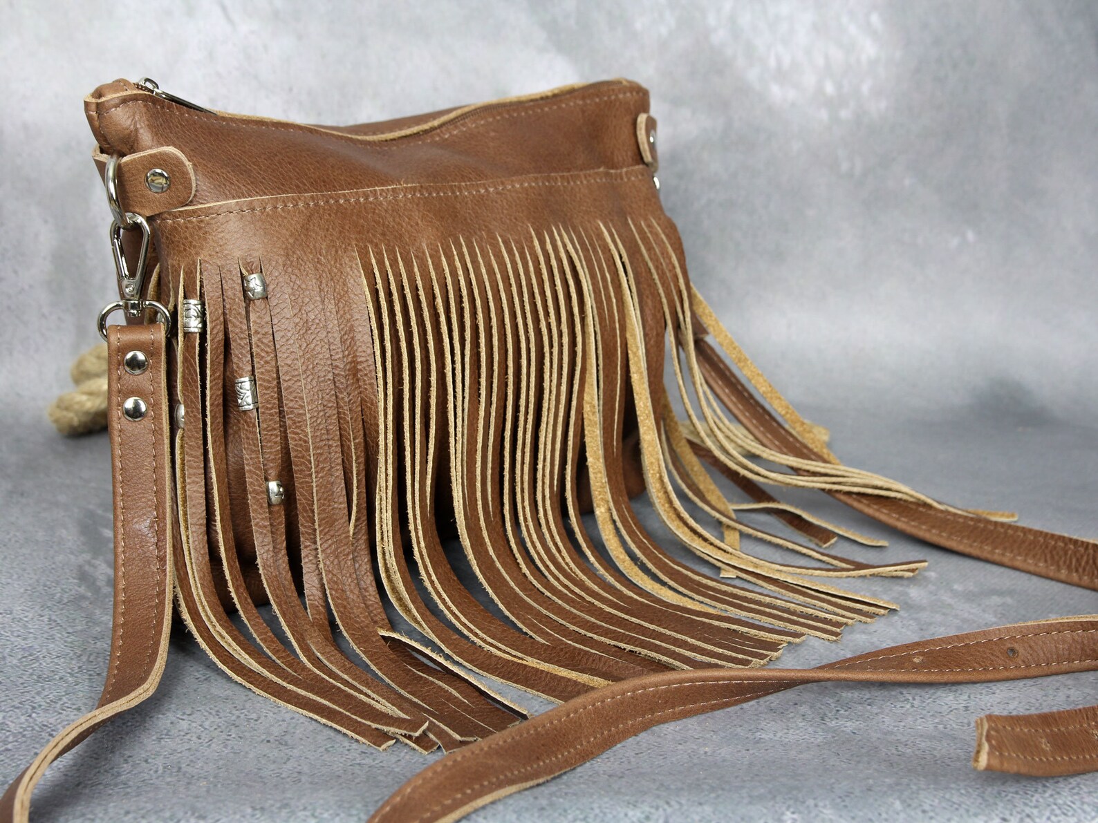 Brown Leather Bag- Rustic Leather Handmade Fringe Handbag, Medium ...