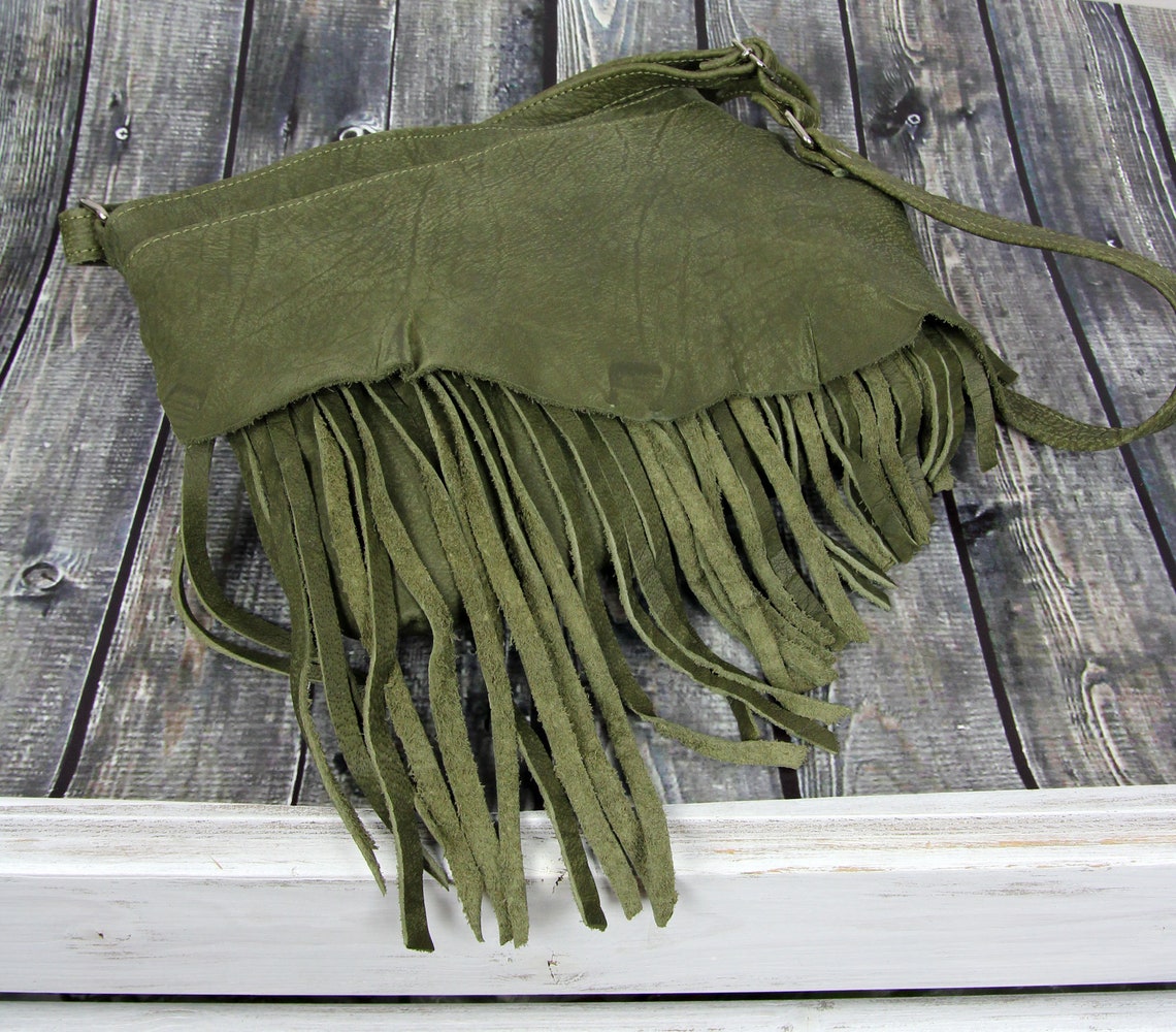 Small Distressed Leather Fringe Bag Women Crossbody Green Leather Hobo ...