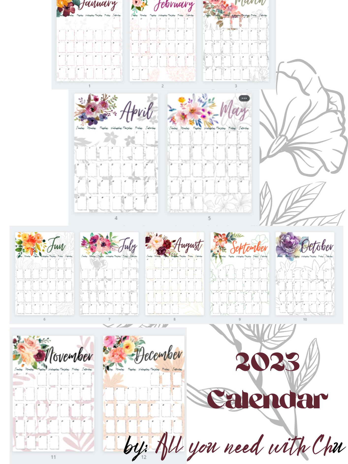 Flowery 2023 Calendar Printable, Floral, 12 Month Planner, Size 8.5x11 ...