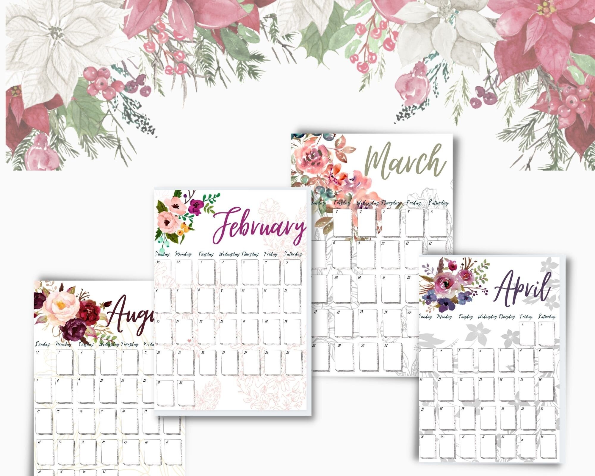 Flowery 2022 Calendar Printable, Floral, 12 Month Planner, Size 8.5x11 ...