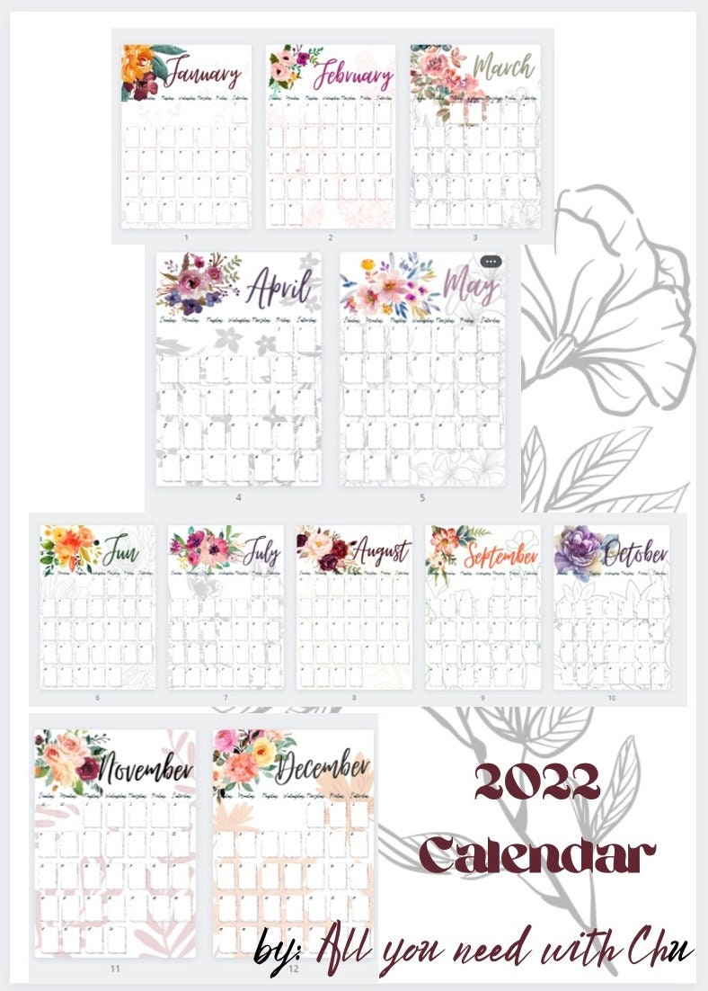 Flowery 2022 Calendar Printable, Floral, 12 Month Planner, Size 8.5x11 ...