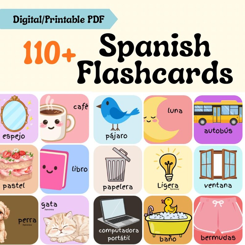 Spanish Vocabulary Flashcards for Kids | Bilingual Learning (PDF) - Etsy