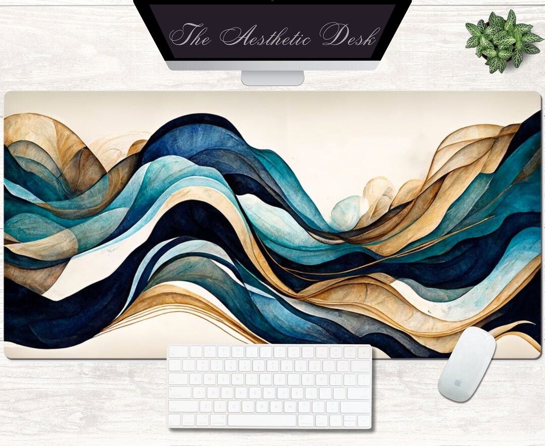 Blue & Brown Watercolor Waves Desk Mat, Gaming Mouse Pad, Neutral ...