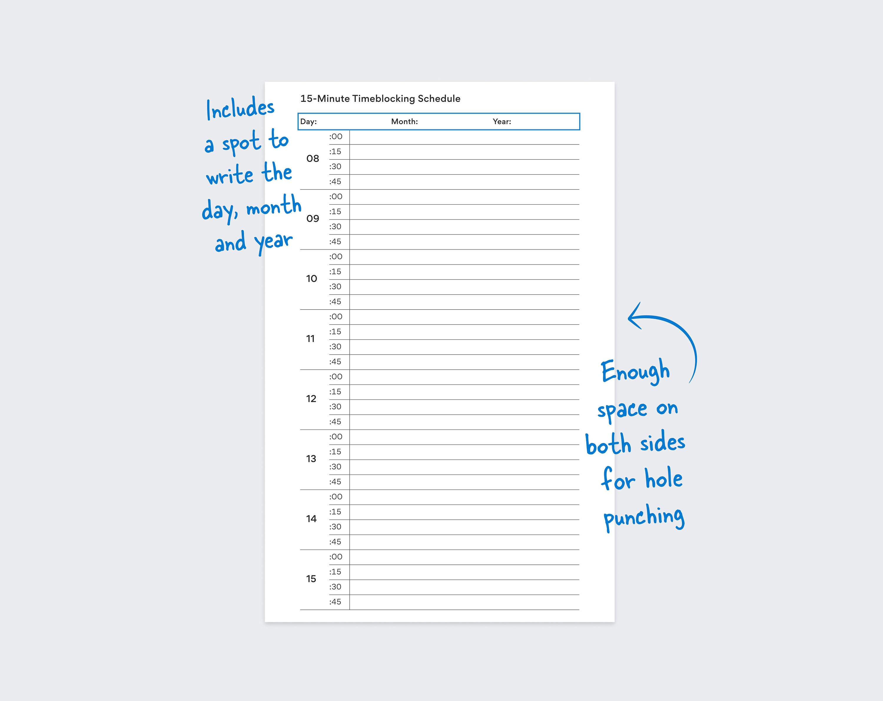 Daily Block Schedule, Printable Planner Inserts, 15-minute Intervals ...