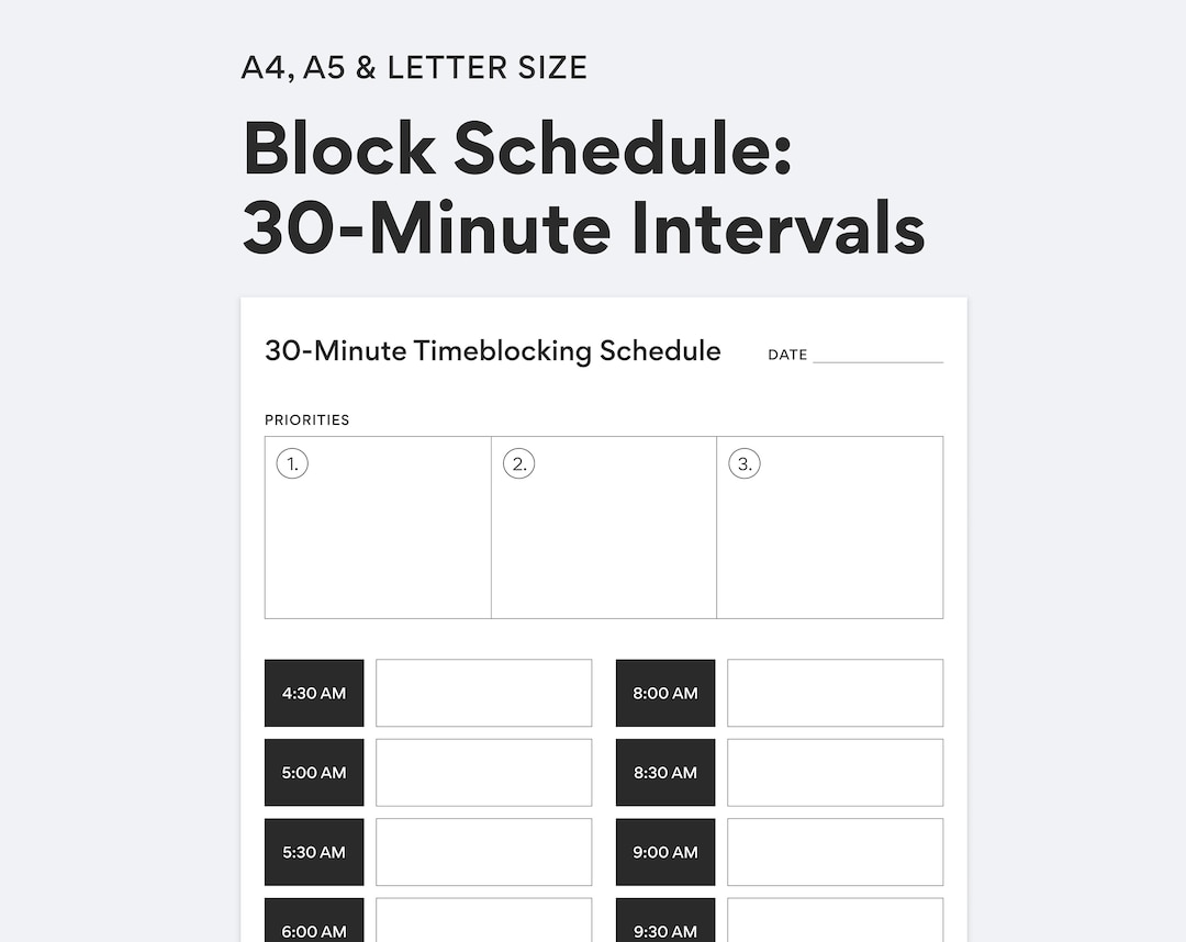 24 Hour Daily Timeblocking Schedule: 30 Minute Intervals, Minimalist ...