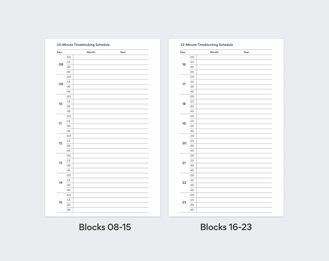 Daily Block Schedule Printable Planner Inserts 15-minute - Etsy