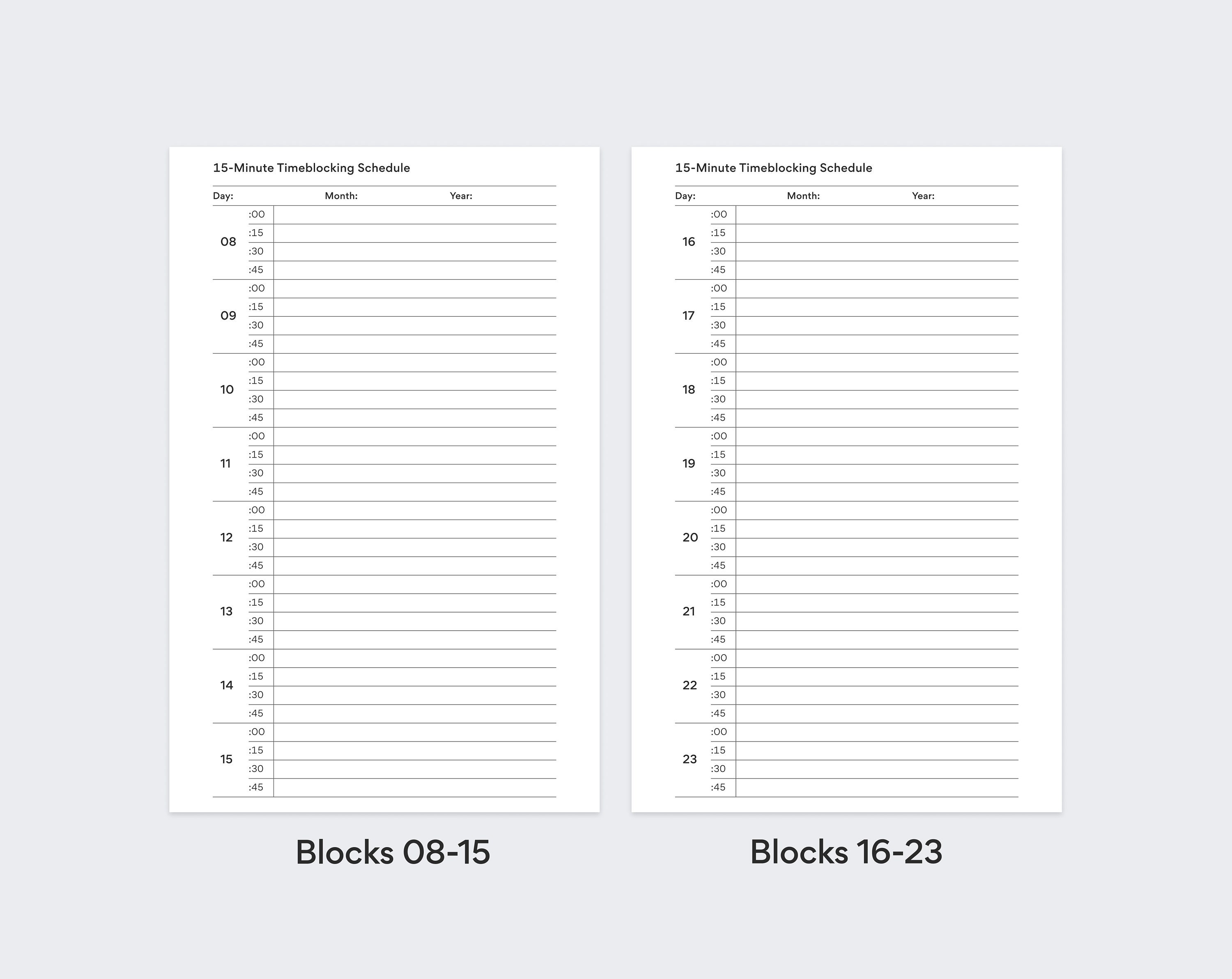 Daily Block Schedule, Printable Planner Inserts, 15-minute Intervals ...