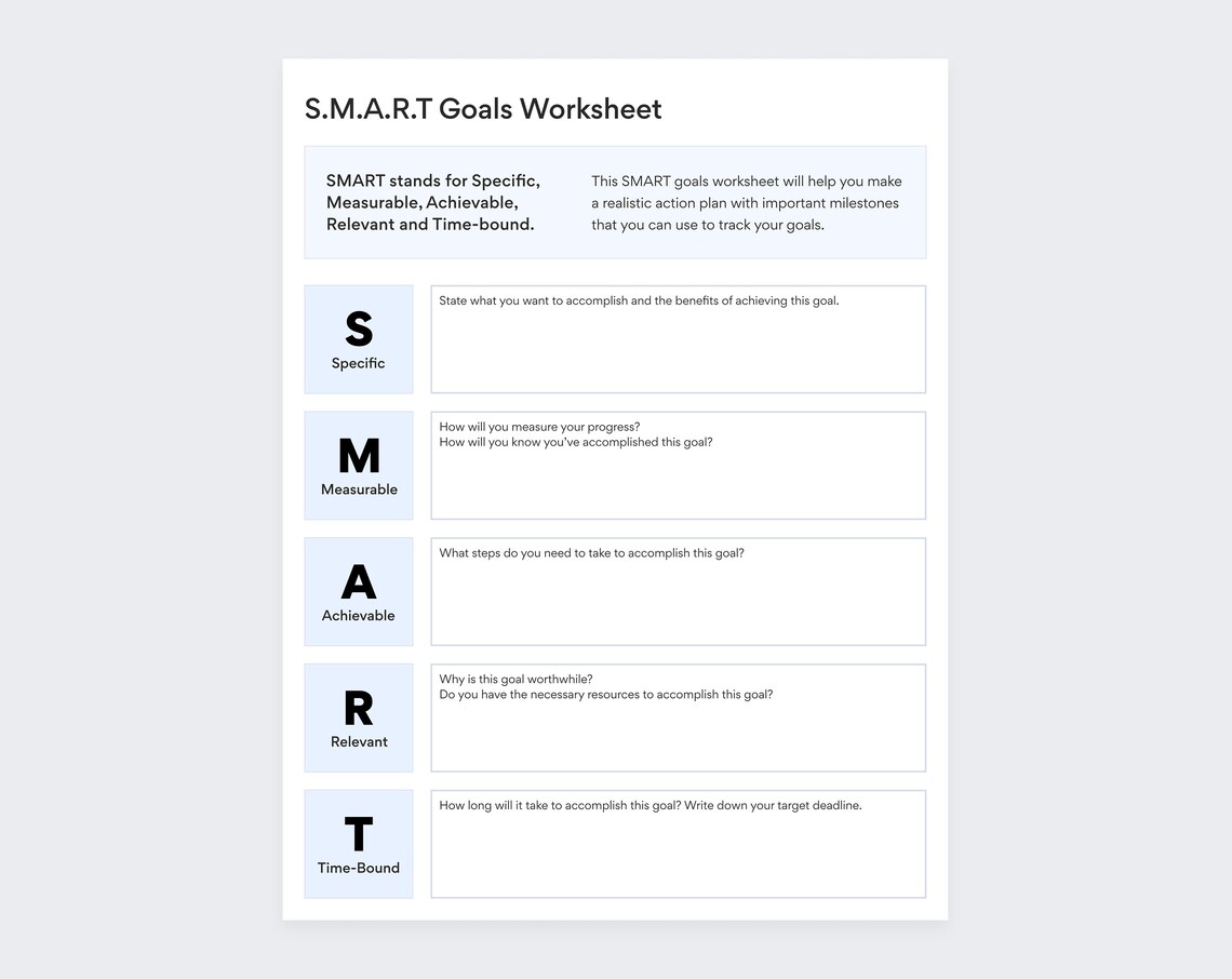 S.M.A.R.T Goals Planner - Goal Setting Worksheet - Printable Goal ...