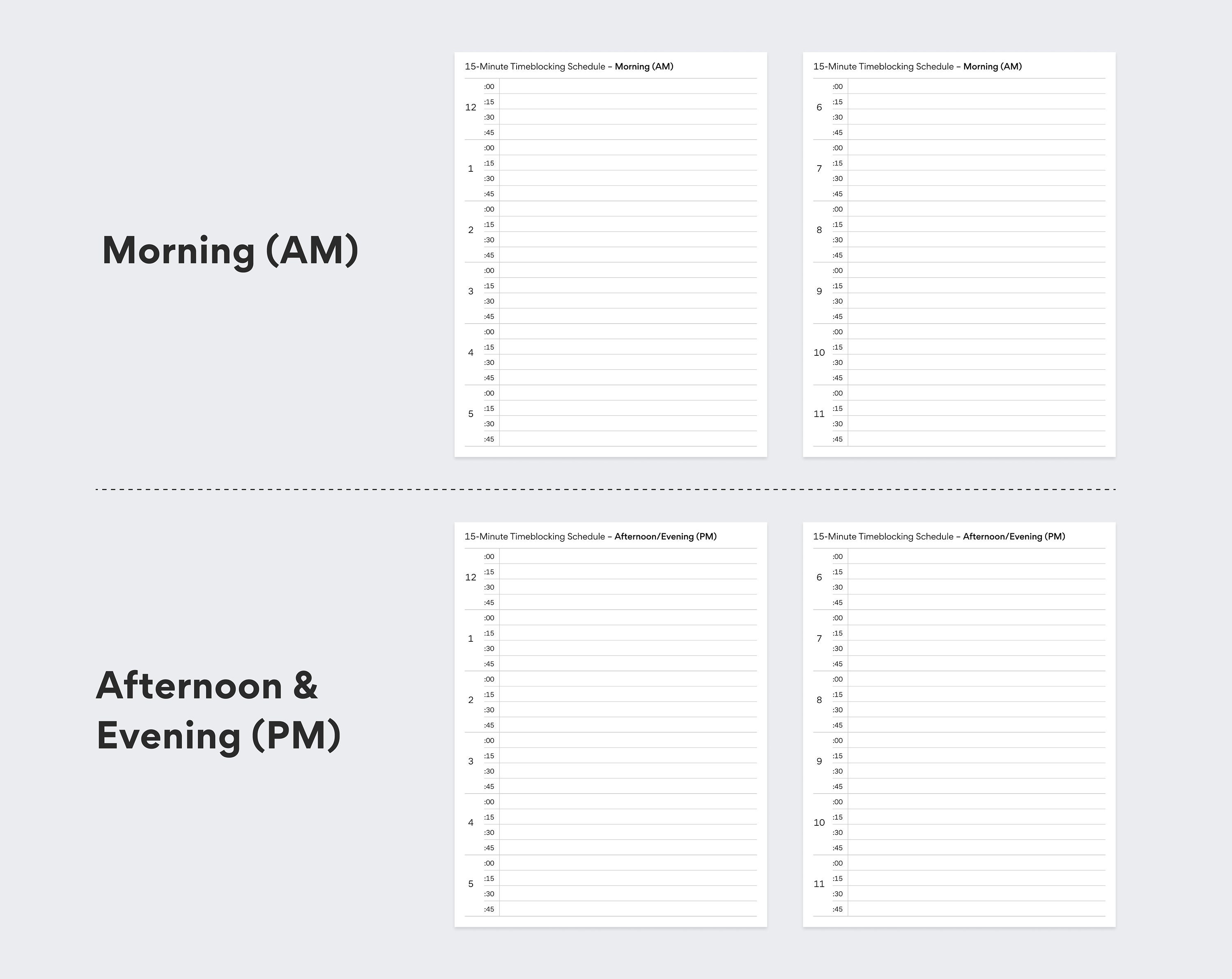 24 Hour Daily Timeblocking Schedule: 15 Minute Intervals, Minimalist ...