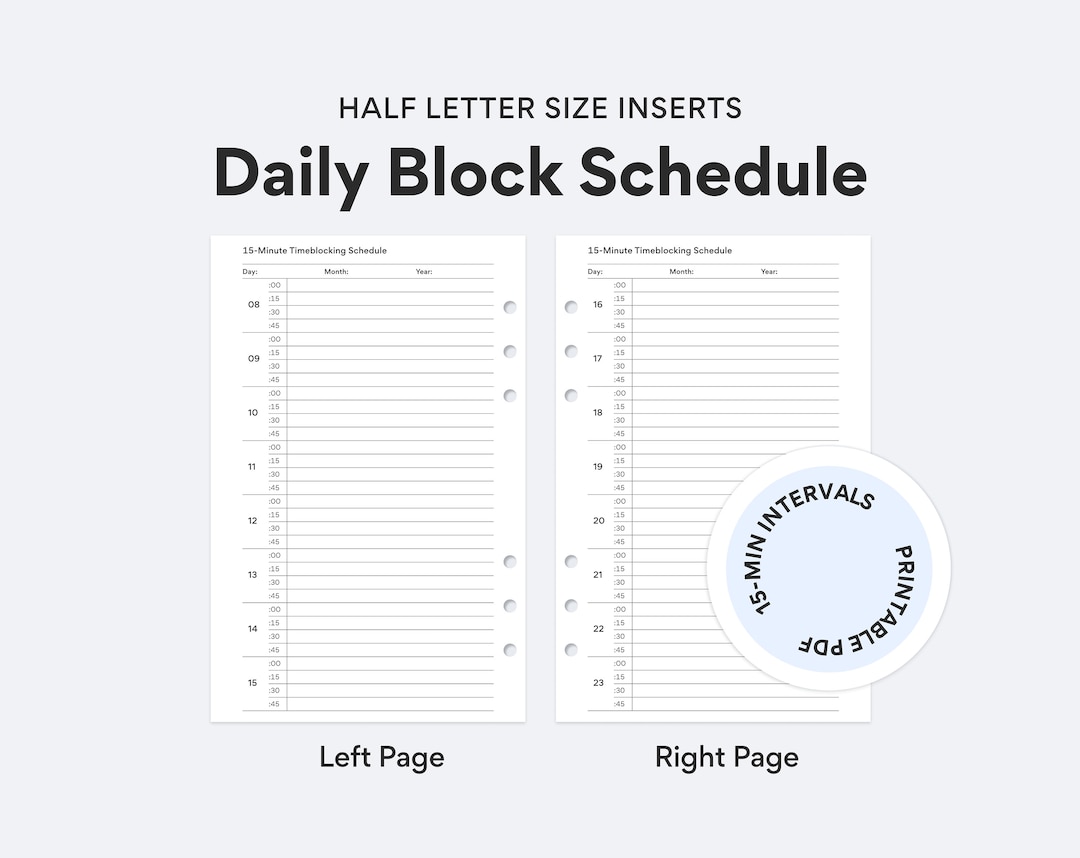 Daily Block Schedule, Printable Planner Inserts, 15-minute Intervals ...