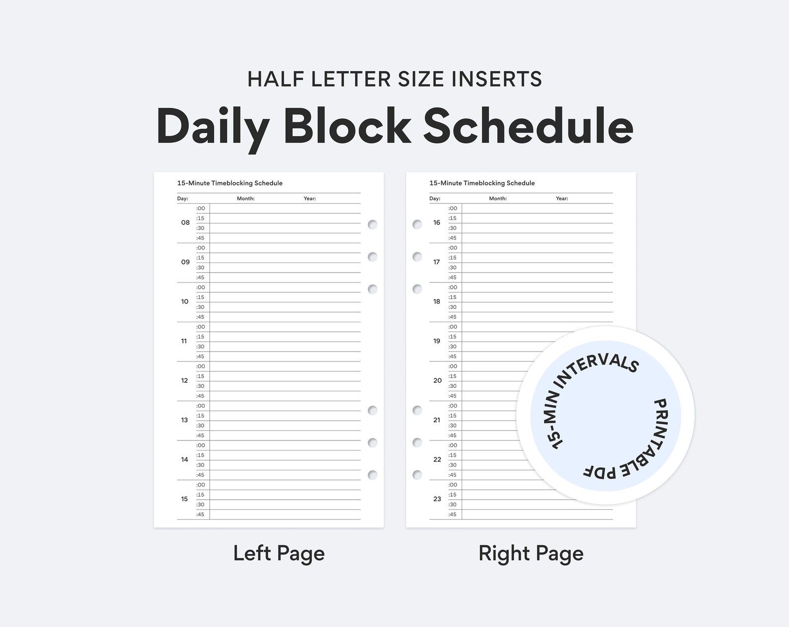 Daily Block Schedule, Printable Planner Inserts, 15-minute Intervals ...