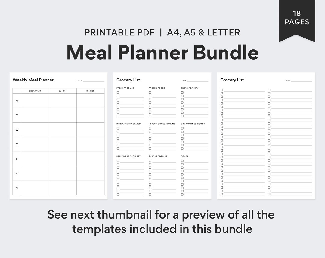 Weekly Meal Planner Bundle, Printable Weekly Menu Planner and Grocery ...