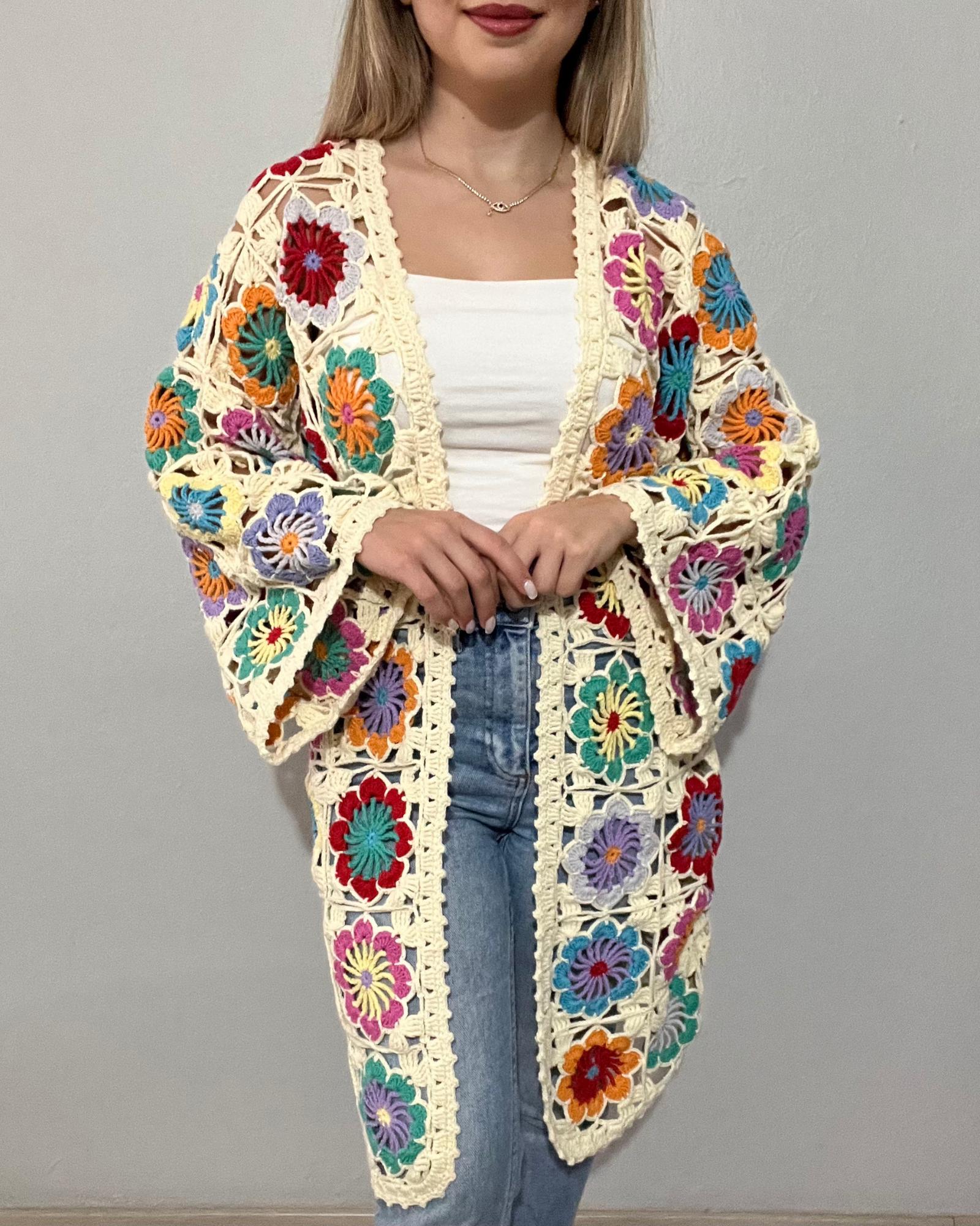 Handmade Flower Crochet Cardigan Long Boho Cozy Cotton Granny Square ...