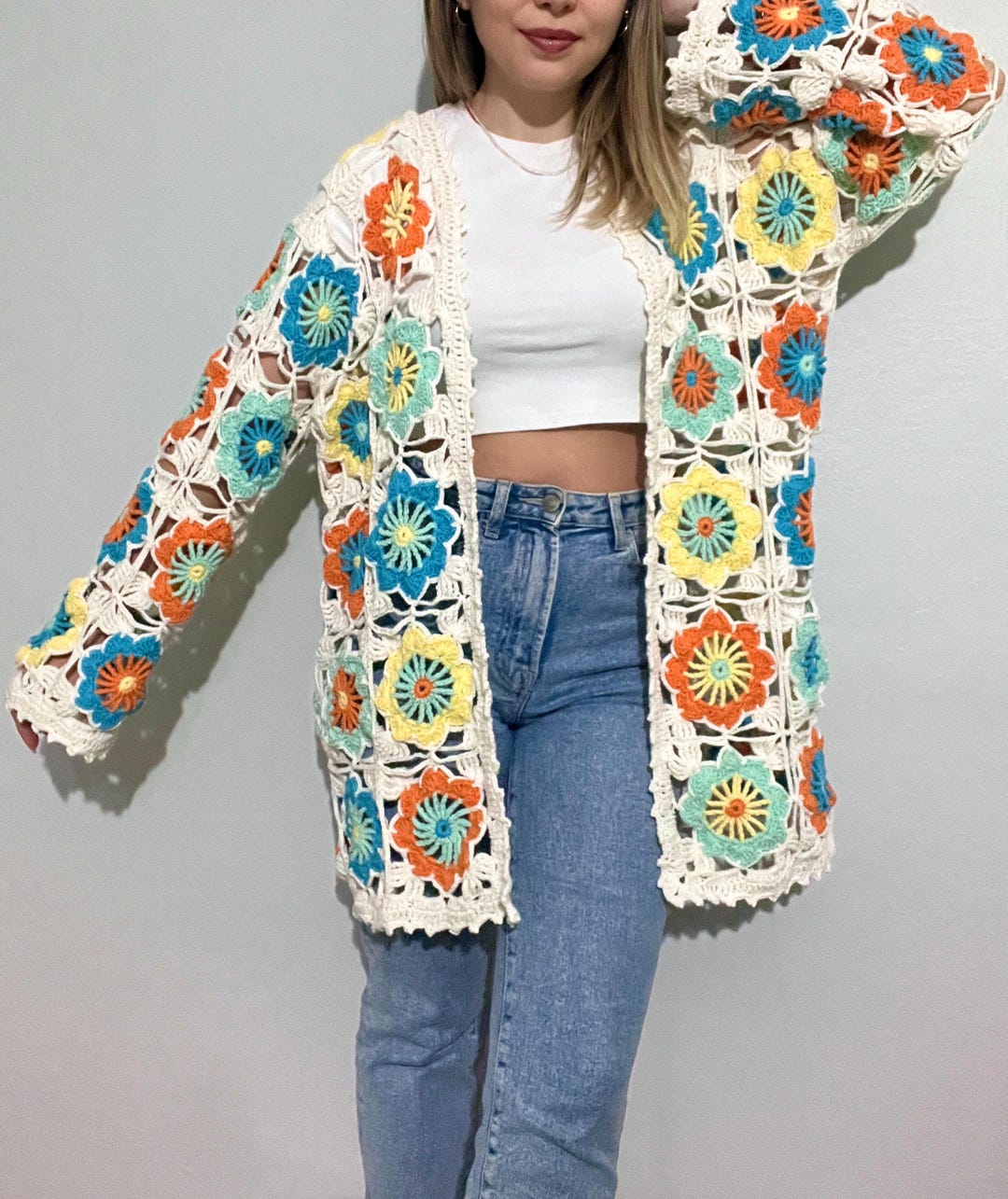 Handmade Flower Crochet Cardigan Long Boho Cozy Cotton Granny Square ...