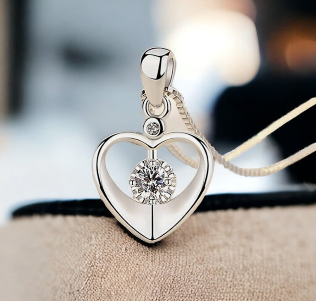 925 Sterling Silver Crystal Love Heart Pendant Necklace, Dainty Heart ...