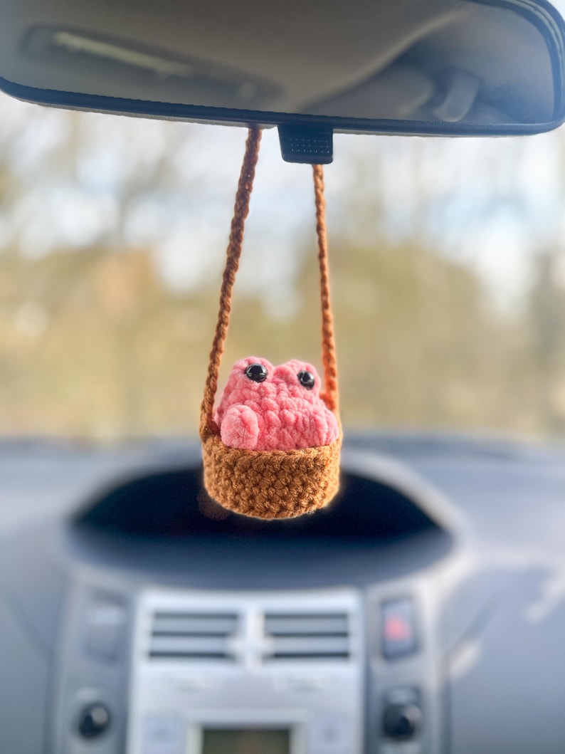 Frog in a Basket Car Charm, Crochet Car Accessory, Frog Car Hanging ...