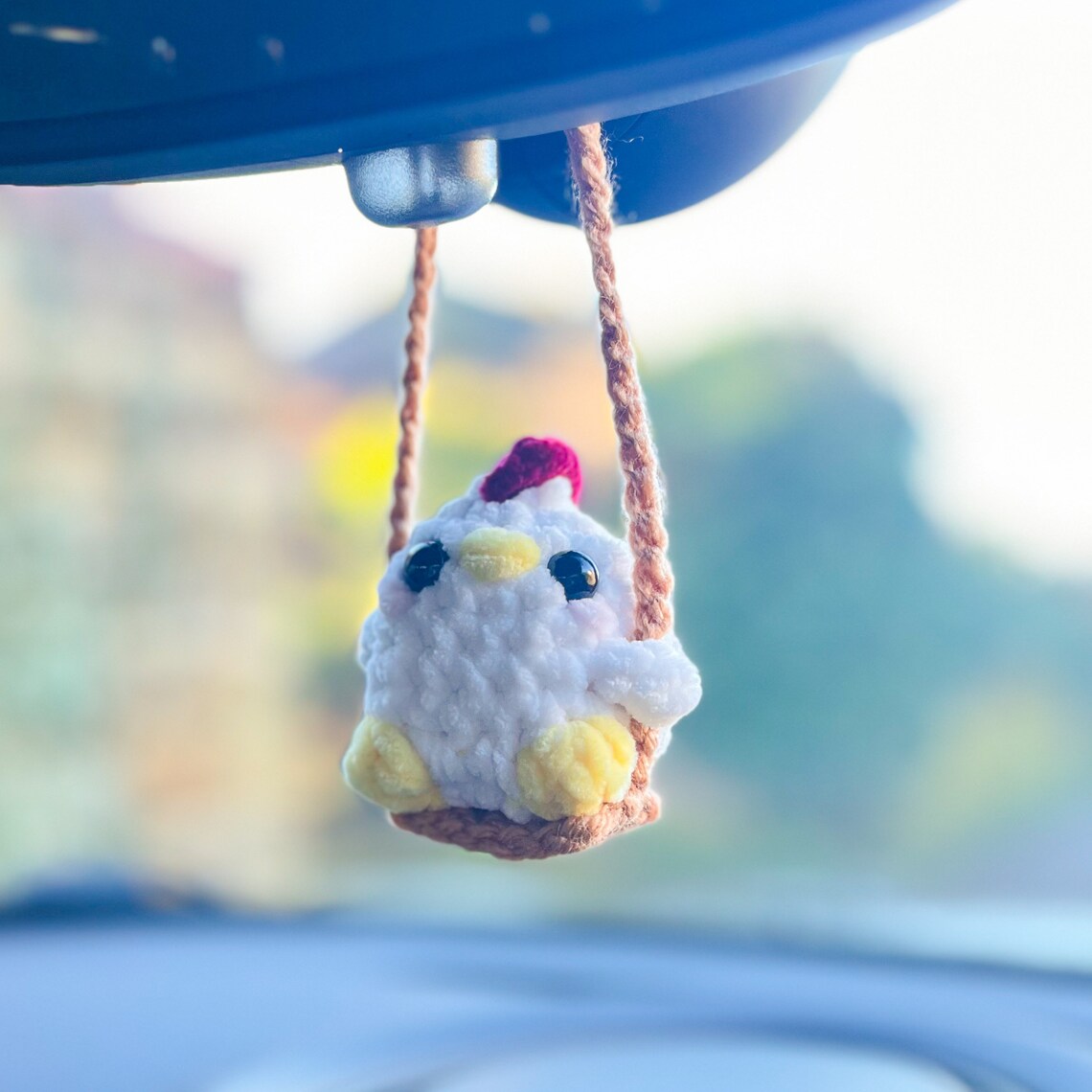 Crochet Chicken on a Swing Car Charm White Red Chicken Car Hanging ...