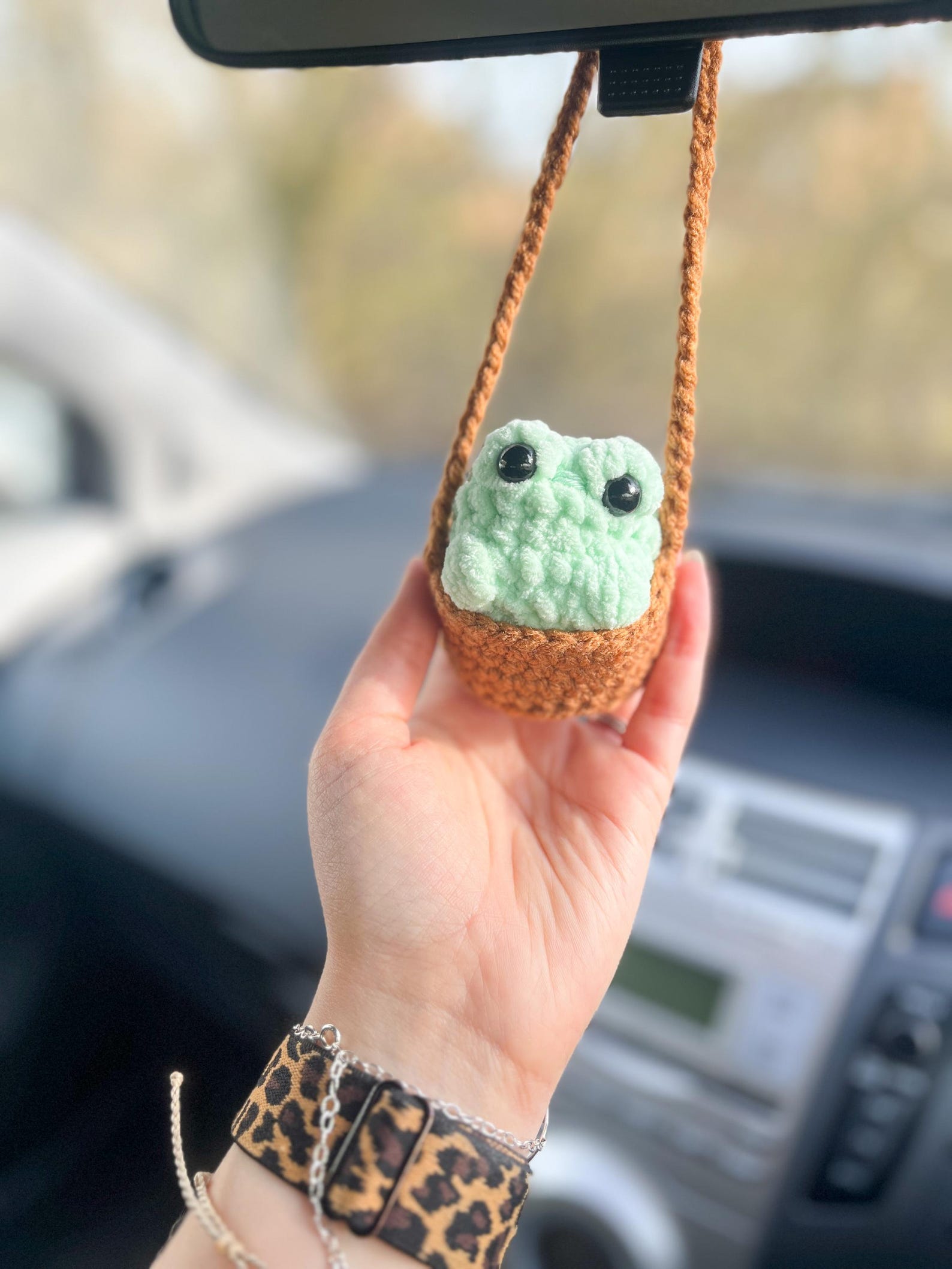 Frog in a Basket Car Charm, Crochet Car Accessory, Frog Car Hanging ...