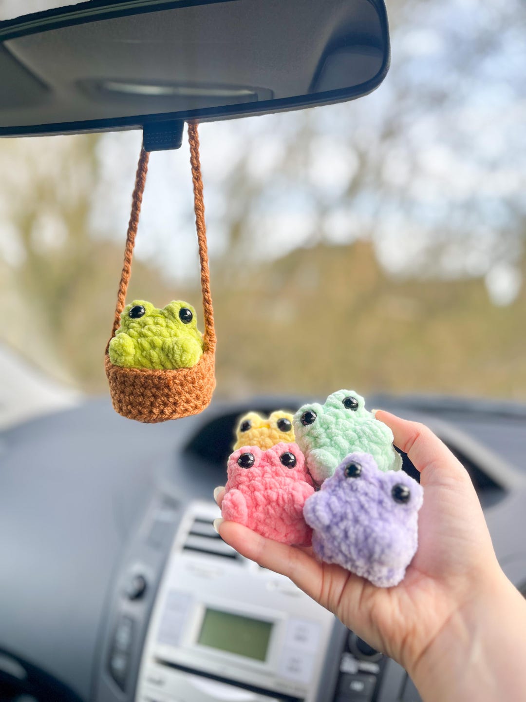 Frog in a Basket Car Charm, Crochet Car Accessory, Frog Car Hanging ...