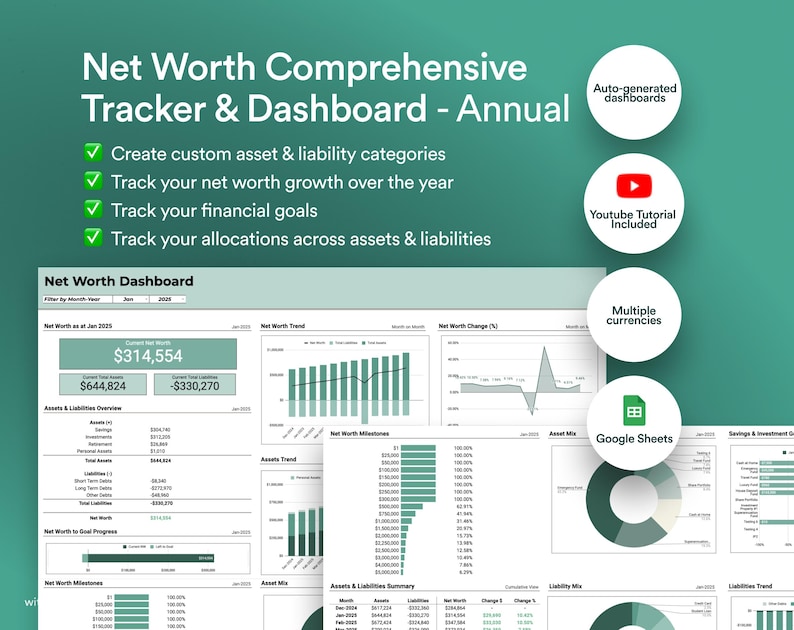 Net Worth Dashboard and Tracker in Google Sheets | Assets, Liabilities ...