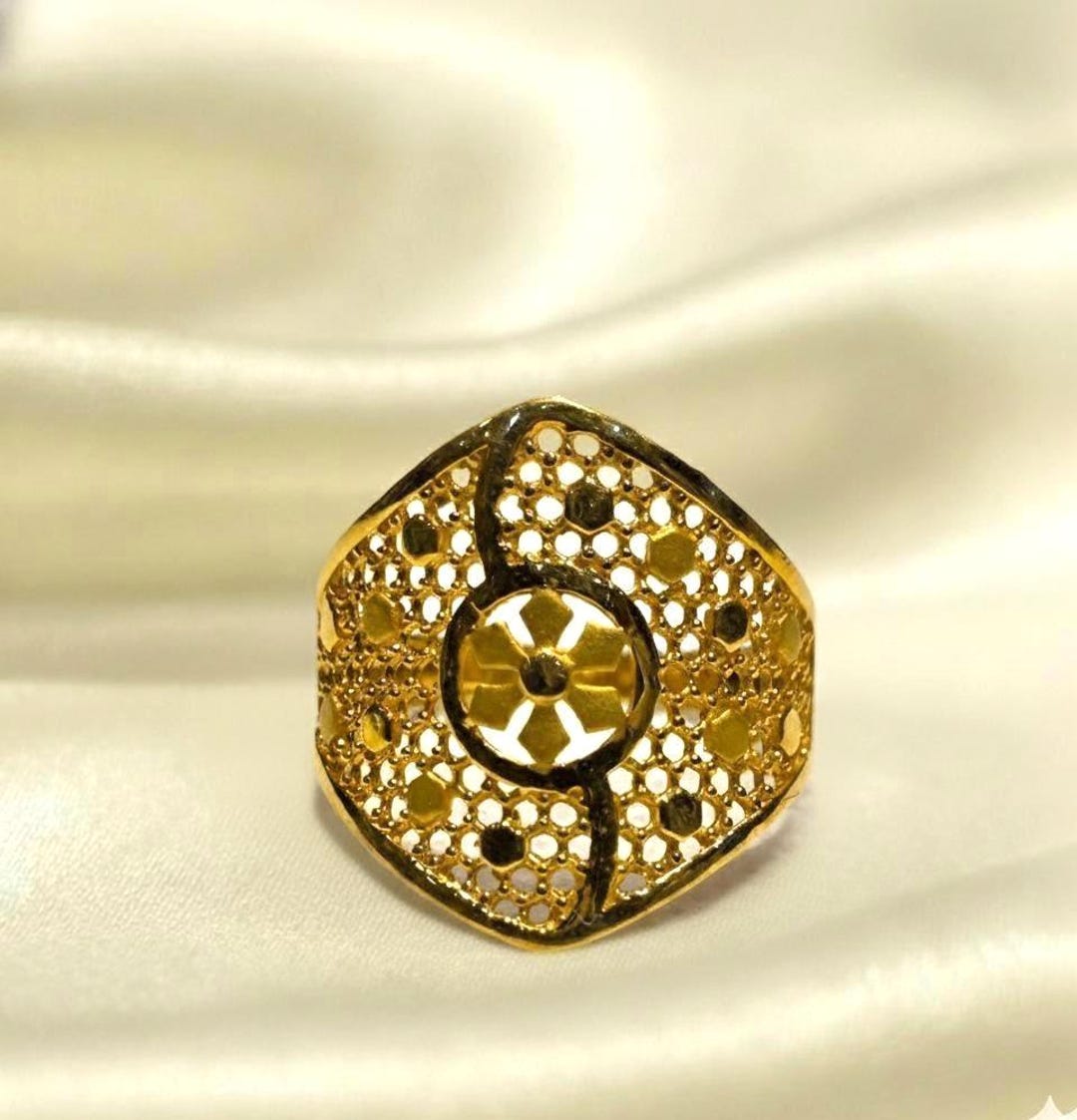 22K Gold Geometric Jali Ring, Handmade Filigree Cocktail Ring - Etsy