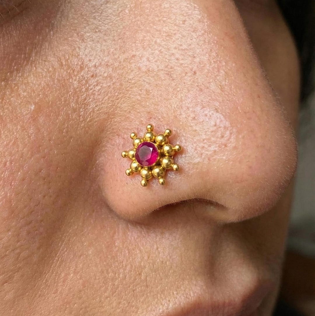 22k Solid Gold Nose Stud, Real Ruby Nose Pin, Floral Indian Nose Screw ...