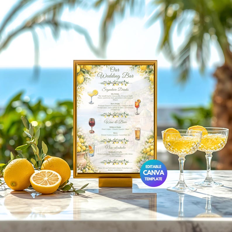 Amalfi Lemon Wedding Table Decor Bundle Canva, Italian Riviera Menu ...