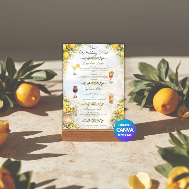 Amalfi Lemon Wedding Table Decor Bundle Canva, Italian Riviera Menu ...