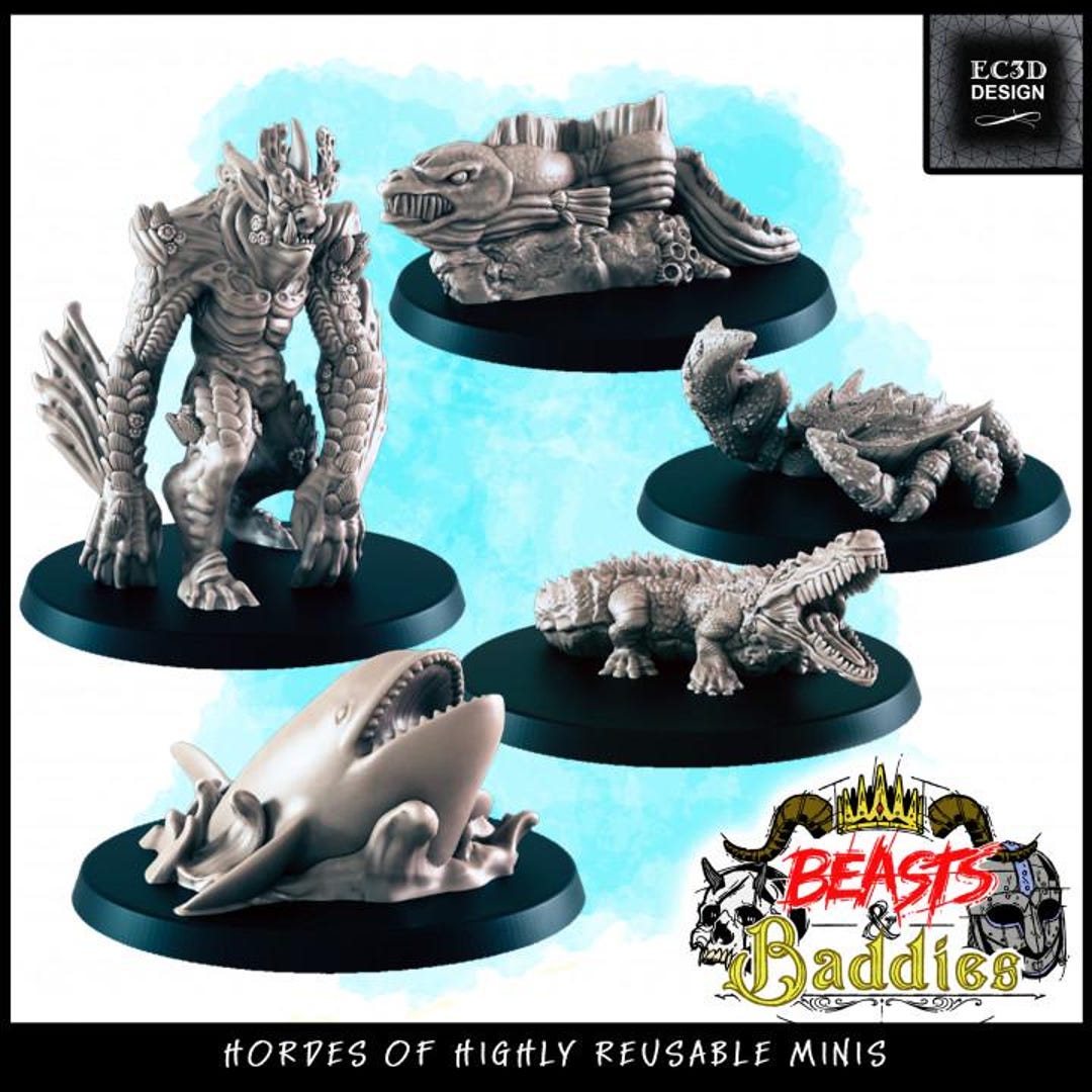 Aquatic Monsters and Animals - 28mm Scale Resin Fantasy Miniatures X5 ...