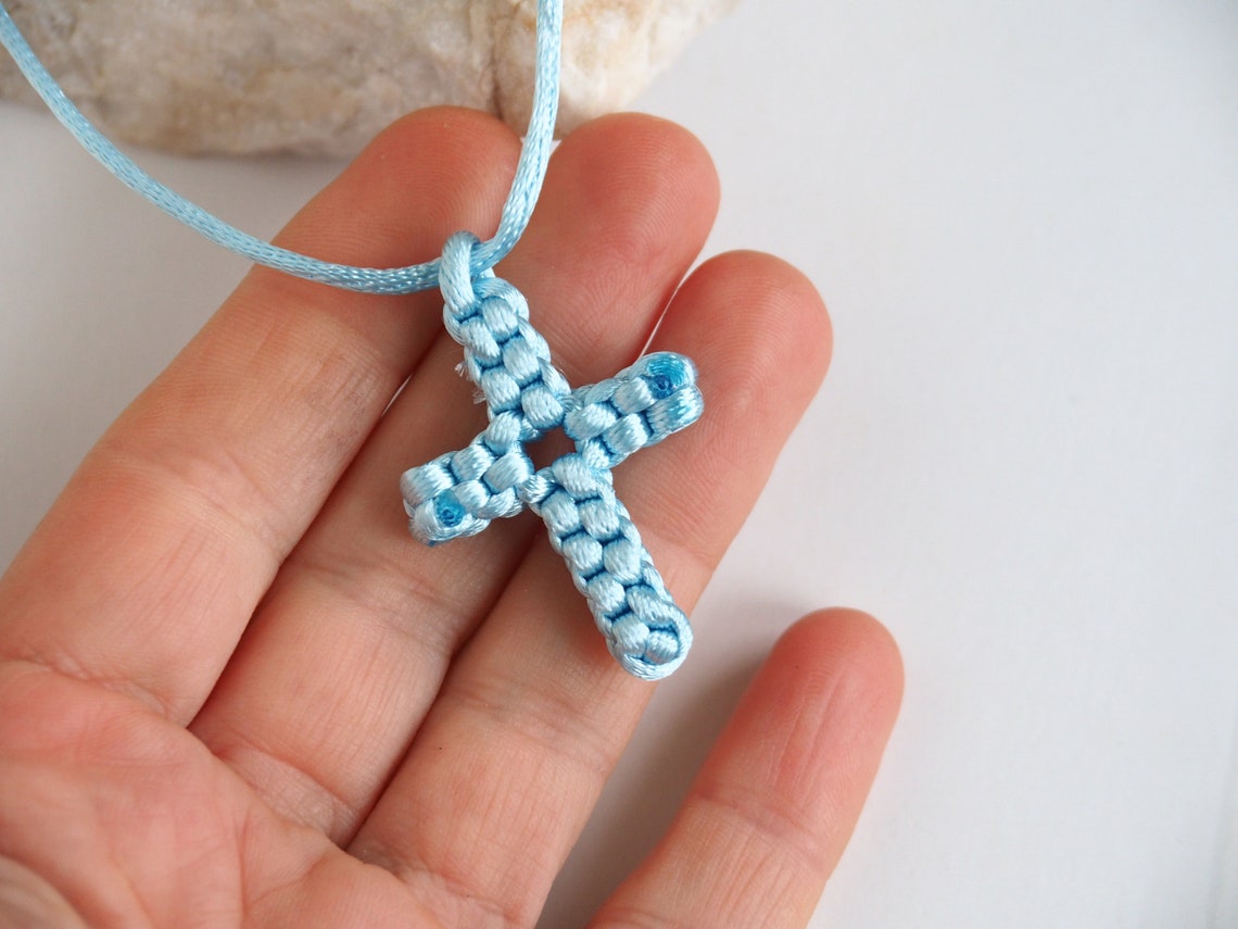 Macrame Cross Pendant, Light Blue Cross Necklace, Christian Orthodox ...