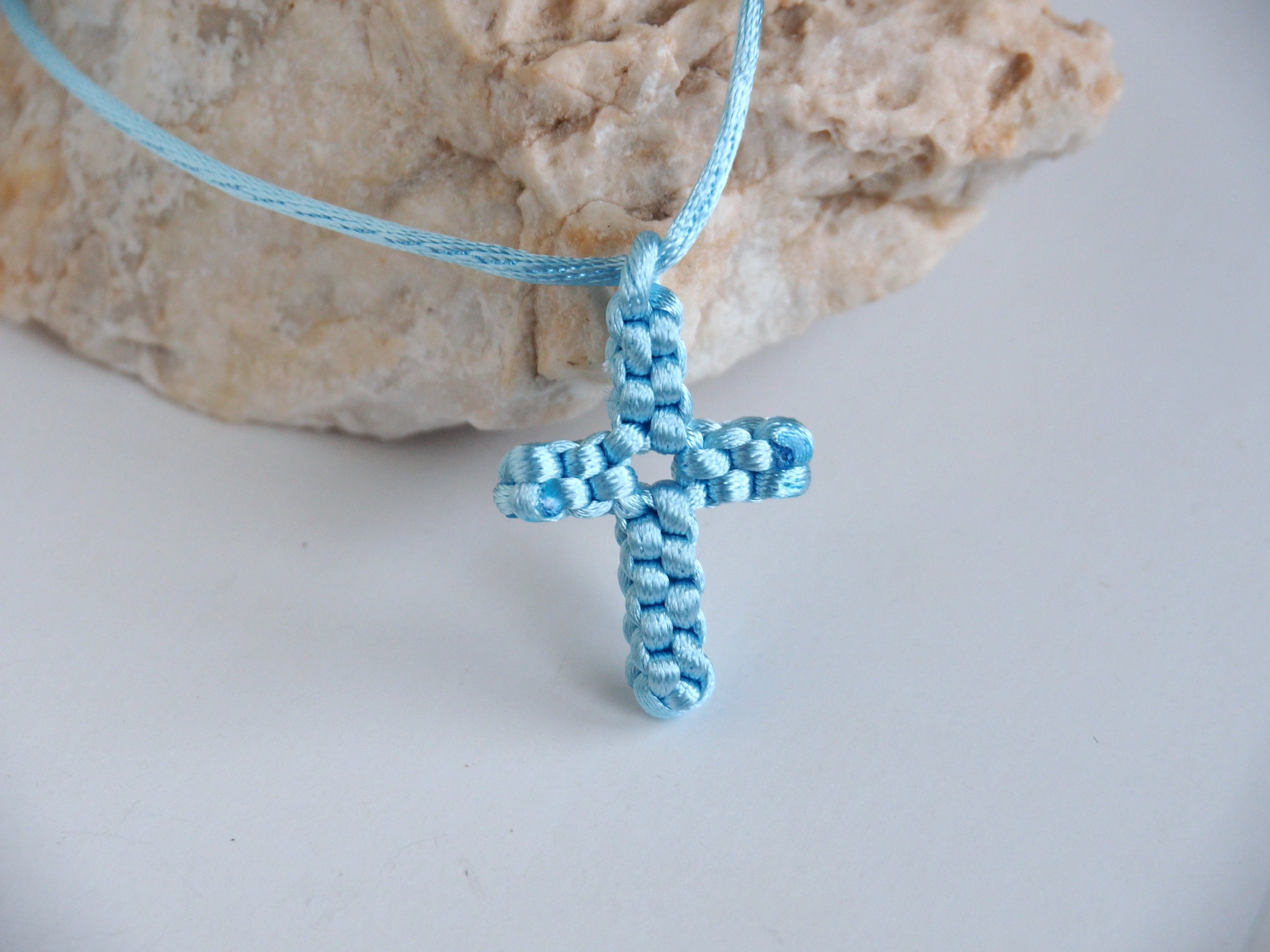 Macrame Cross Pendant, Light Blue Cross Necklace, Christian Orthodox ...
