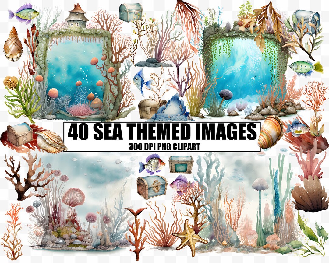 Watercolor Sea Themed Nautical Clipart - Seascape, Ocean Animals, Coral ...