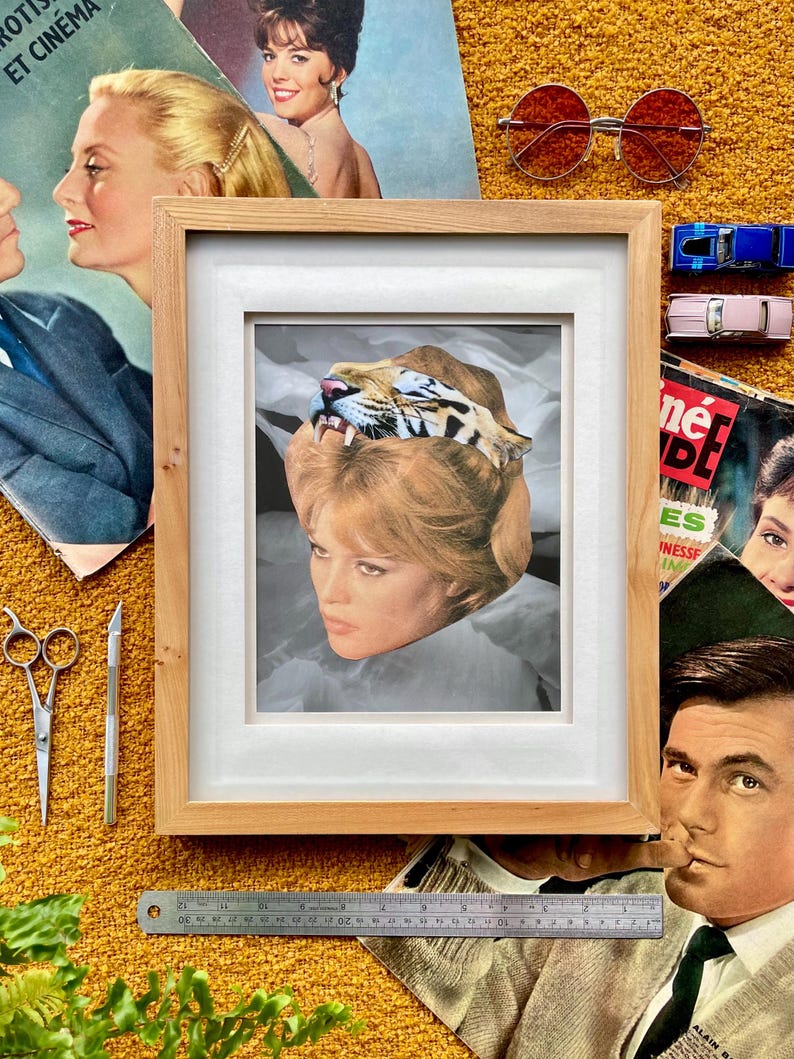 Framed Collage Art With A Tiger, Original Piece of Artwork Made From ...
