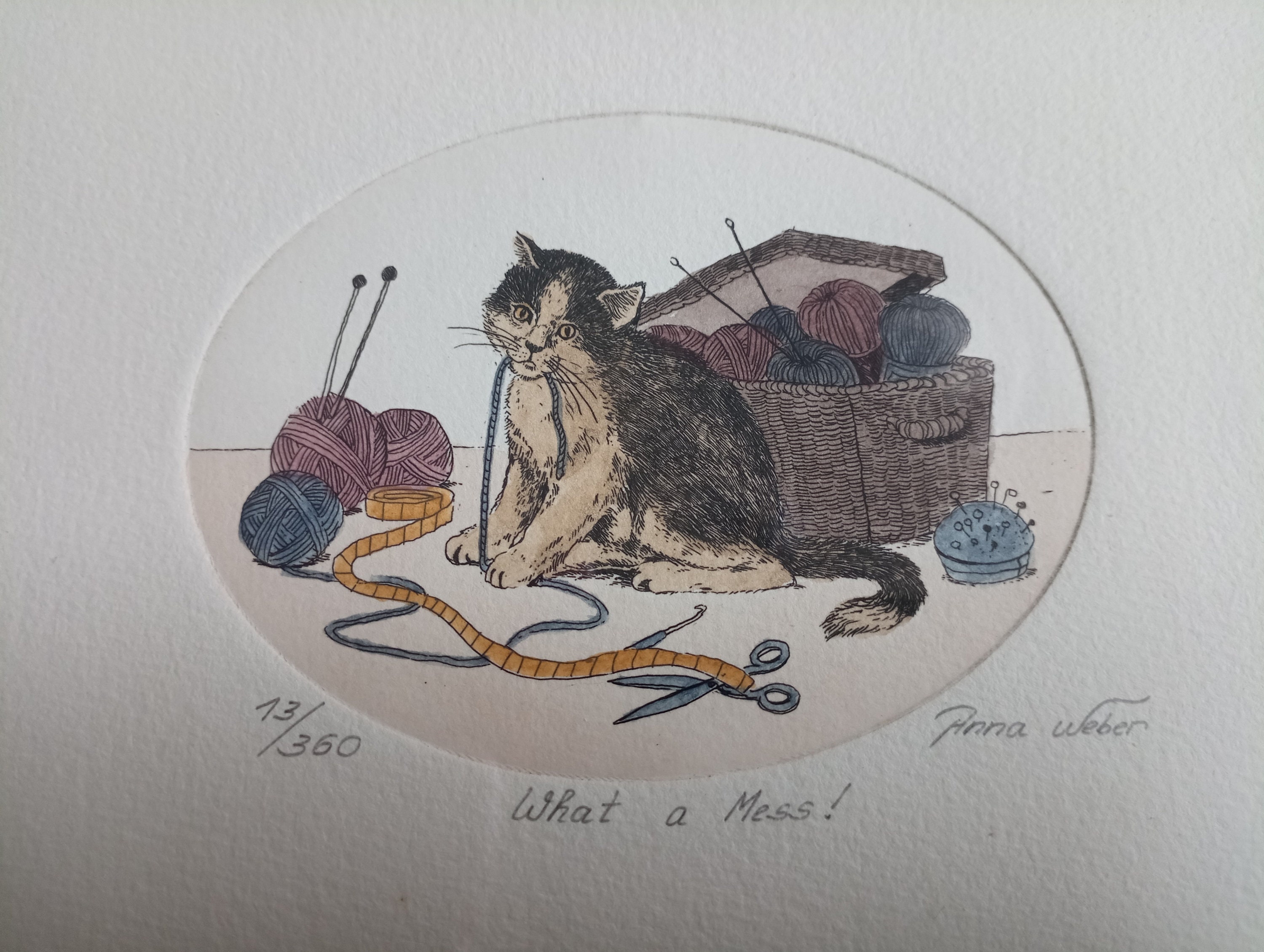 Handcolored Etching What a Mess by Anna Weber Cats Series - Etsy