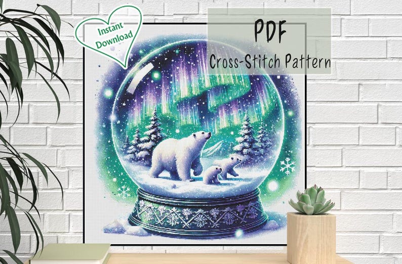 Polar Bear Snow Globe Cross Stitch Pattern, Medium Cross Stitch Pattern ...