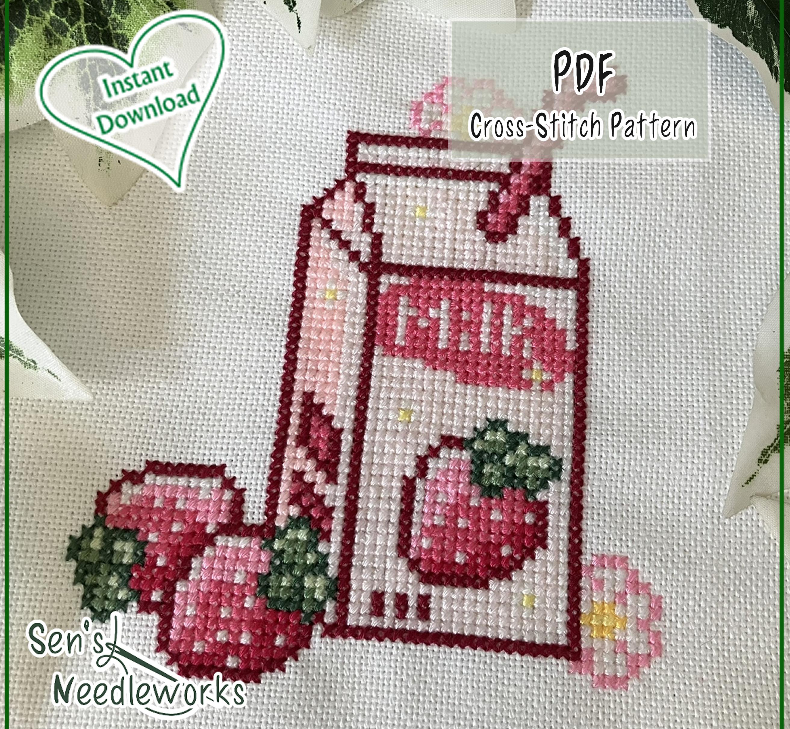 Cute Strawberry Milk Cross Stitch Pattern, Small Cute Embroidery ...