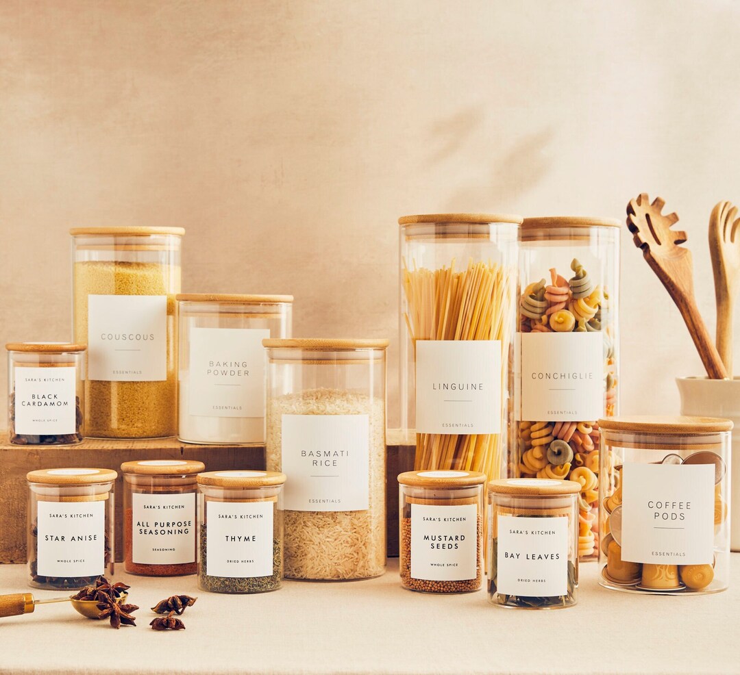 Pantry Starter Kit Glass Kitchen Storage Jar With Label Bamboo Lid Jars ...