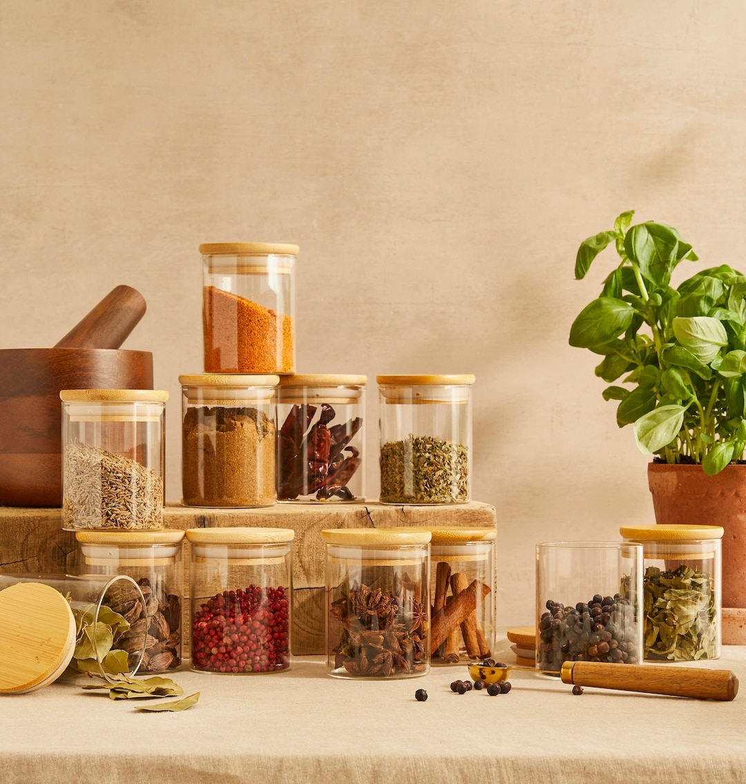 Glass Spice Jars Bamboo Lid 200ml Air Tight Spice Jars Kitchen Food ...