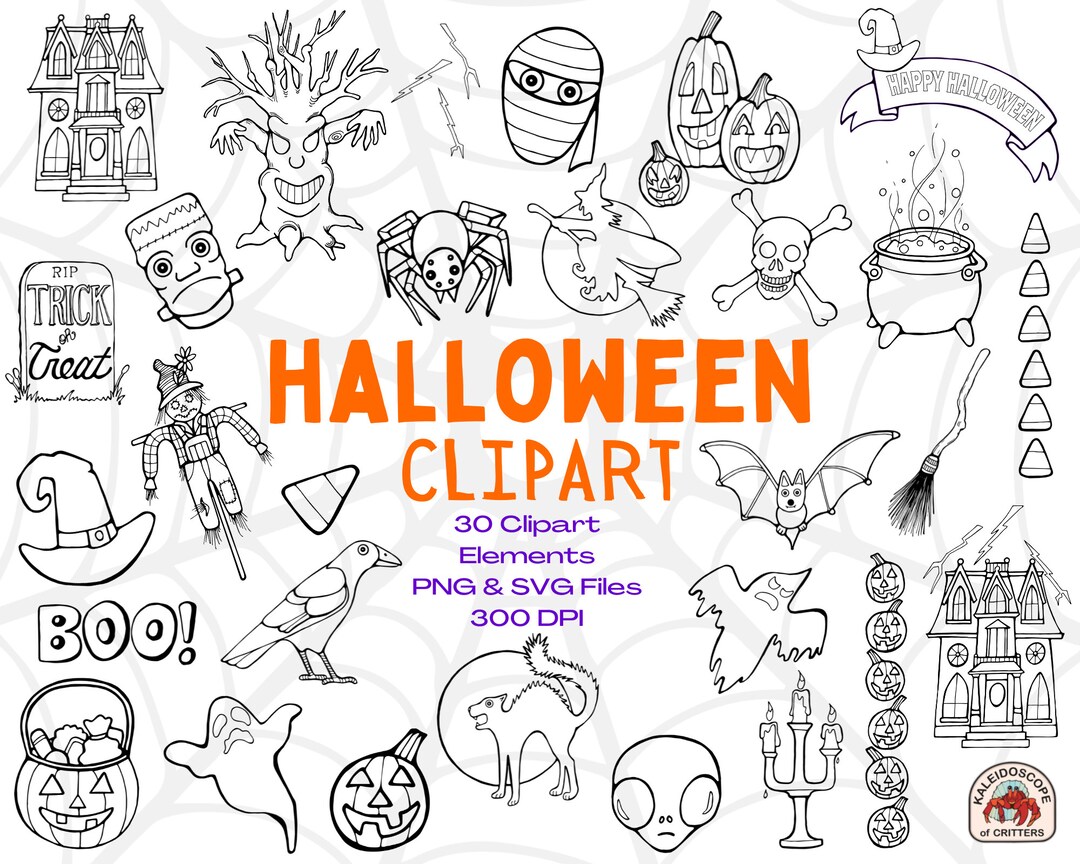Halloween Clipart Art Line and Black and White PNG, SVG Files, - Etsy