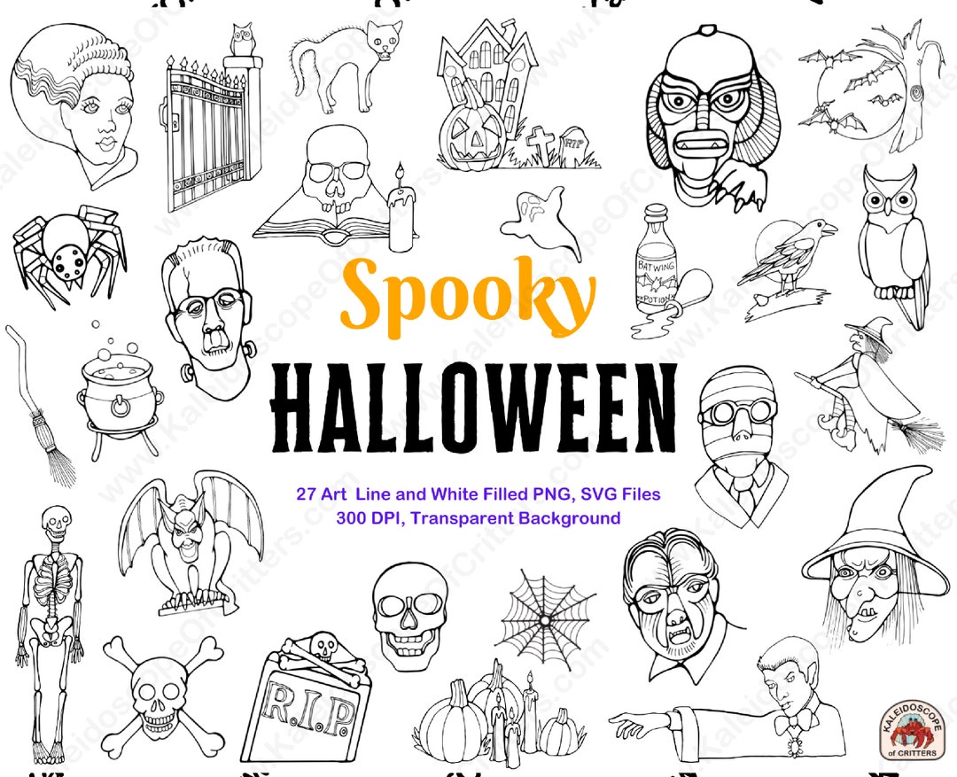 Spooky Halloween Clipart Art Line White Filled PNG and SVG Files ...